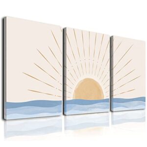 boho wall art set of 3, neutral geometric sun rising on the sea minimalist art framed canvas prints artwork, mid century modern boho sun wall art decor for bathroom, bedroom, living room, office