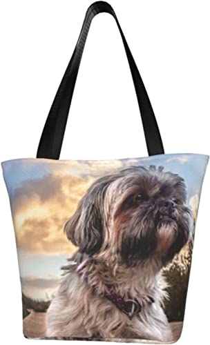 Cute Shih Tzu Dog Sunset Women's Shoulder Handbag Grocery Tote Bag Storage Handle Bag