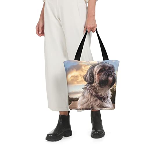 Cute Shih Tzu Dog Sunset Women's Shoulder Handbag Grocery Tote Bag Storage Handle Bag