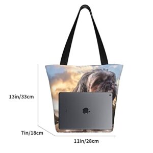 Cute Shih Tzu Dog Sunset Women's Shoulder Handbag Grocery Tote Bag Storage Handle Bag