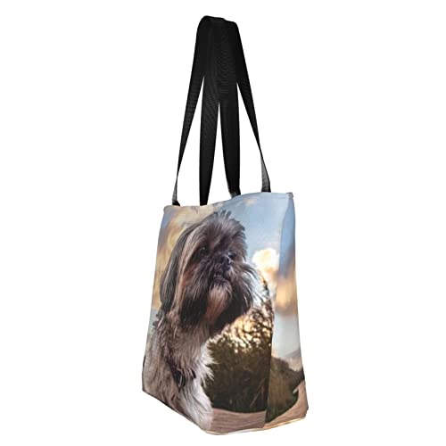 Cute Shih Tzu Dog Sunset Women's Shoulder Handbag Grocery Tote Bag Storage Handle Bag