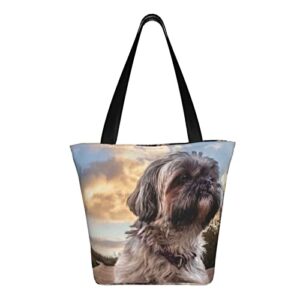 Cute Shih Tzu Dog Sunset Women's Shoulder Handbag Grocery Tote Bag Storage Handle Bag