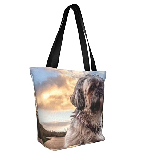 Cute Shih Tzu Dog Sunset Women's Shoulder Handbag Grocery Tote Bag Storage Handle Bag