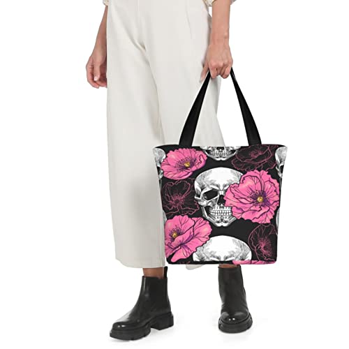 Sugar Skull Pink Poppy Flower Women's Shoulder Handbag Gym Tote Bag Storage Handle Bag