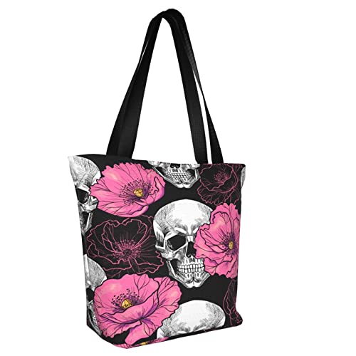 Sugar Skull Pink Poppy Flower Women's Shoulder Handbag Gym Tote Bag Storage Handle Bag