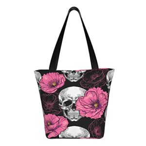 Sugar Skull Pink Poppy Flower Women's Shoulder Handbag Gym Tote Bag Storage Handle Bag