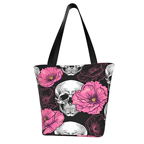 Sugar Skull Pink Poppy Flower Women's Shoulder Handbag Gym Tote Bag Storage Handle Bag