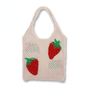 women y2k crochet tote bag hobo aesthetic bag trendy strawberry knitted shoulder bags mesh hollow tote bag (apricot)