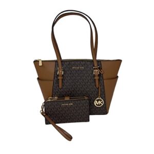 michael kors tote jet set travel bundle,trifold wallet handbag, satchel, purse for women, multiple pockets, adjustable. (brown)