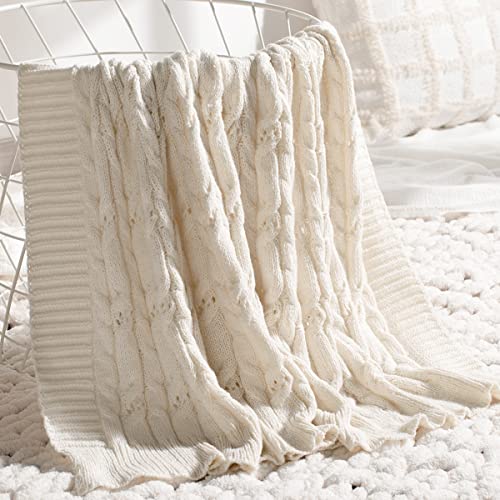 Carriediosa White Knit Throw Blanket for Couch, Chenille Chunky Cable Knitted Soft Cozy Decorative Lightweight Blanket for Bed Sofa and Chair (Cream White 50" x 60")