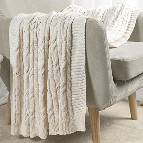 Carriediosa White Knit Throw Blanket for Couch, Chenille Chunky Cable Knitted Soft Cozy Decorative Lightweight Blanket for Bed Sofa and Chair (Cream White 50" x 60")