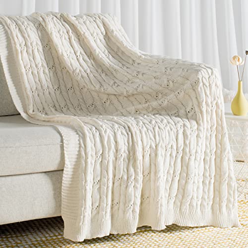 Carriediosa White Knit Throw Blanket for Couch, Chenille Chunky Cable Knitted Soft Cozy Decorative Lightweight Blanket for Bed Sofa and Chair (Cream White 50" x 60")