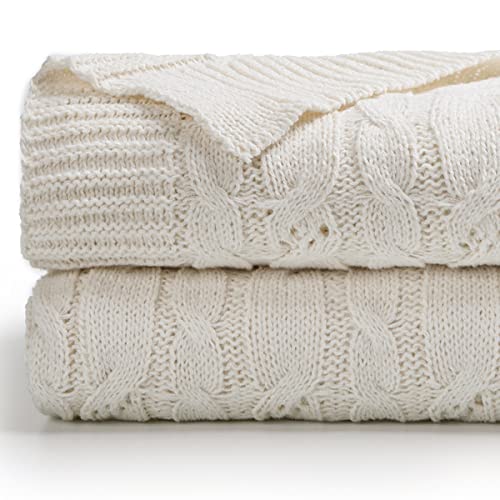 Carriediosa White Knit Throw Blanket for Couch, Chenille Chunky Cable Knitted Soft Cozy Decorative Lightweight Blanket for Bed Sofa and Chair (Cream White 50" x 60")