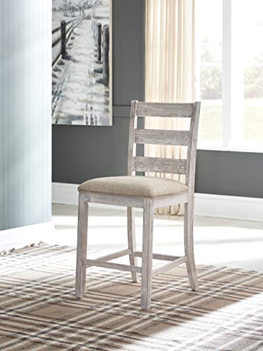 Signature Design by Ashley Skempton Farmhouse 36" Counter Height Dining Table with Storage & Wine Rack, Whitewash & Skempton 24" Counter Height Upholstered Barstool, Set of 2, Antique White