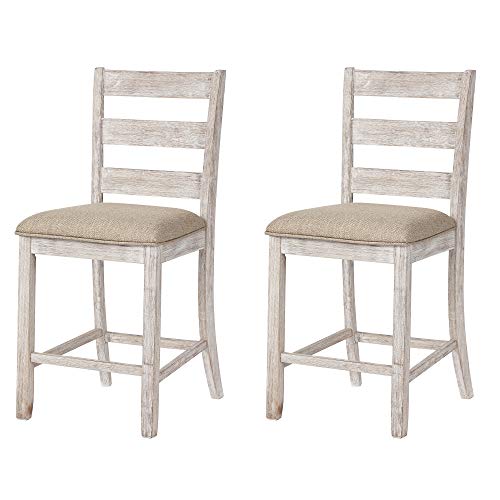 Signature Design by Ashley Skempton Farmhouse 36" Counter Height Dining Table with Storage & Wine Rack, Whitewash & Skempton 24" Counter Height Upholstered Barstool, Set of 2, Antique White