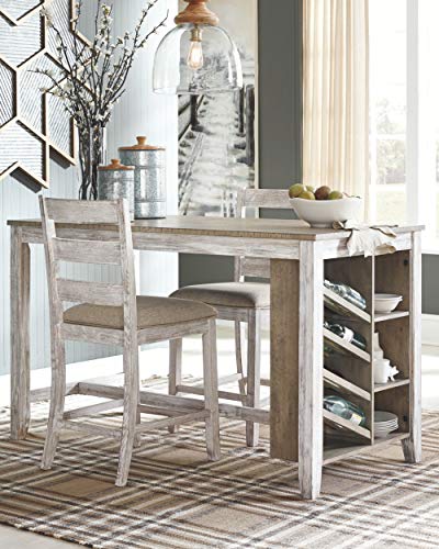 Signature Design by Ashley Skempton Farmhouse 36" Counter Height Dining Table with Storage & Wine Rack, Whitewash & Skempton 24" Counter Height Upholstered Barstool, Set of 2, Antique White