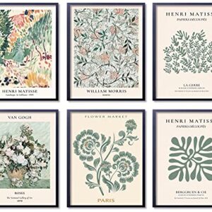 Green Gallery Flower Market Posters for Room Aesthetic Floral Set of 6 Famous Matisse William Morris Van Gogh Canvas Wall Art Botanical Plant Print Painting Danish Pastel Wall Decor 8x10in Unframed