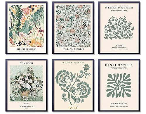 Green Gallery Flower Market Posters for Room Aesthetic Floral Set of 6 Famous Matisse William Morris Van Gogh Canvas Wall Art Botanical Plant Print Painting Danish Pastel Wall Decor 8x10in Unframed