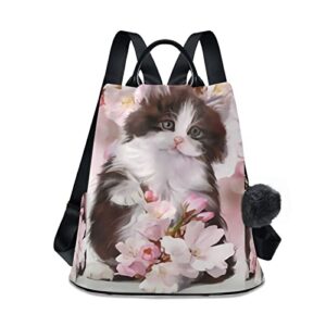 mcyhzjd backpack purse, kitten cat with cherry blossom anti-theft casual college school ladies fashion shoulder bag