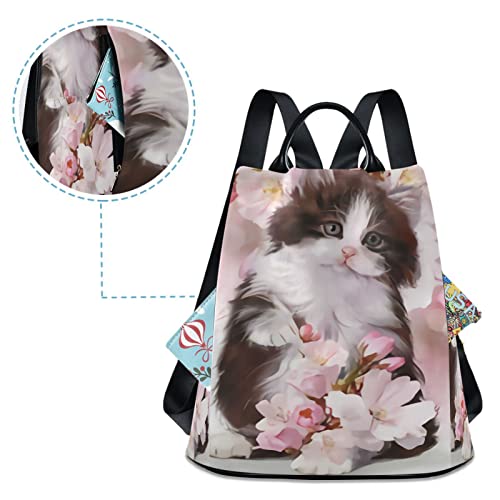 Mcyhzjd Backpack Purse, Kitten Cat with Cherry Blossom Anti-theft Casual College School Ladies Fashion Shoulder Bag