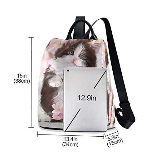 Mcyhzjd Backpack Purse, Kitten Cat with Cherry Blossom Anti-theft Casual College School Ladies Fashion Shoulder Bag