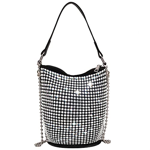 Bydenwely Rhinestone Rivets Bling Bucket Hobo Bag Medium Chic Evening Purse Women Clutch Crossbody Tote for Prom Party, Silver