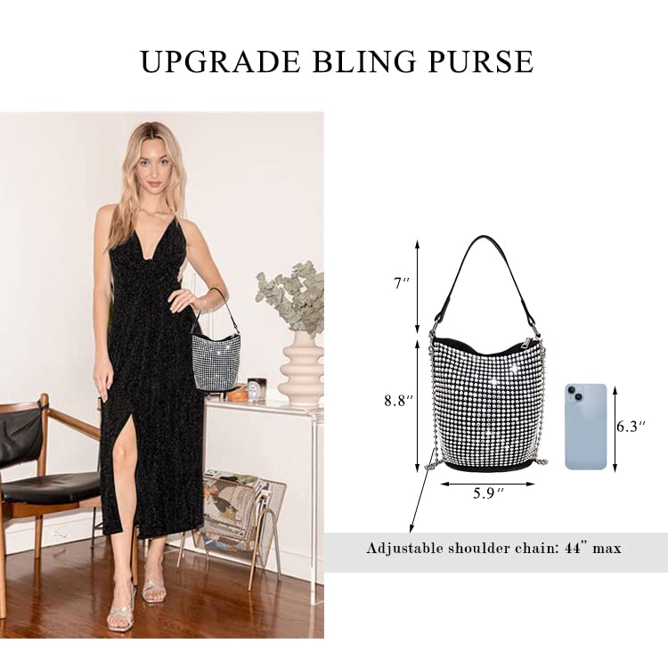 Bydenwely Rhinestone Rivets Bling Bucket Hobo Bag Medium Chic Evening Purse Women Clutch Crossbody Tote for Prom Party, Silver