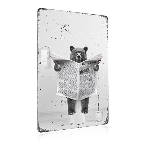 Funny Bear Tin Sign,Black and White Bear Metal Sign,Bear Poster Bear Metal Tin Sign,Rustic Farmhouse Style Wall Decor for Living Room, Bathroom, Bedroom, Kids Bathroom Decor - 8x12 Inch