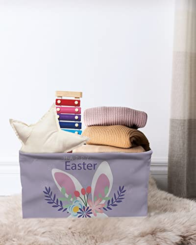 1 PCS Large Storage Basket Bins Waterproof Fabric, Easter Bunny Ear Rectangular Storage Box for Shelf Closet Organizer Cute Easter Rabbit Purple Red Spring Floral