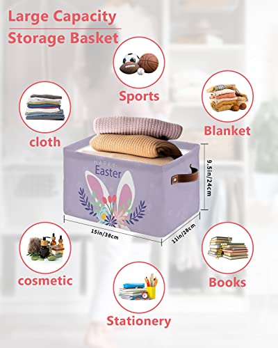 1 PCS Large Storage Basket Bins Waterproof Fabric, Easter Bunny Ear Rectangular Storage Box for Shelf Closet Organizer Cute Easter Rabbit Purple Red Spring Floral