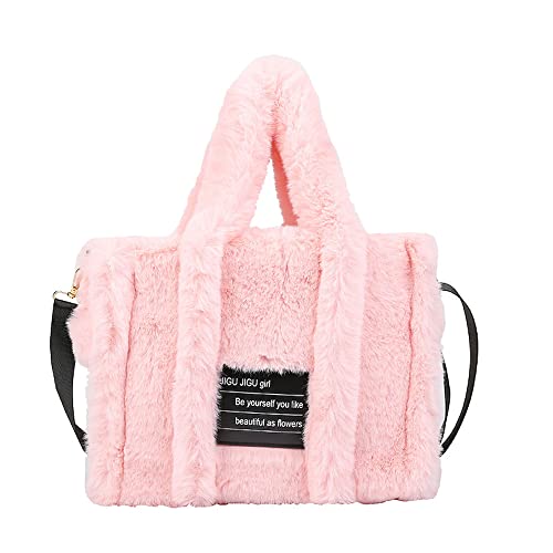 JHTPSLR Light Academia Aesthetic Fuzzy Tote Bag for Women Teen Girls Preppy Fuzzy Tote Bag for School Plush Crossbody Bag (Light Pink)