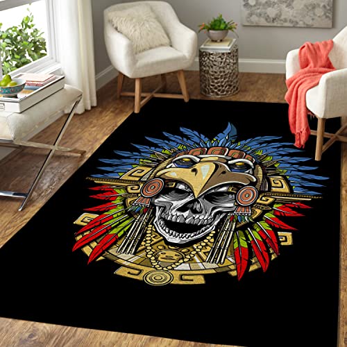 LINDENPAL Aztec Skull Warrior, Aztec Eagle Mask Headdress, Aztec Mythology, Mayan Civilization, Native Mexican Large Rug: 5x8 Feet Area Rugs