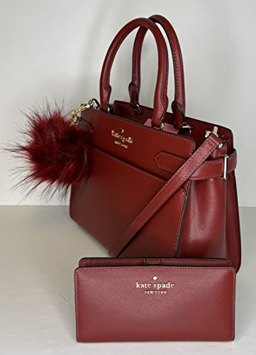 Kate Spade New York Staci MD Satchel bundled with matching Slim Bifold Wallet and Fur Pom (Red Currant)