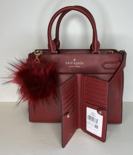 Kate Spade New York Staci MD Satchel bundled with matching Slim Bifold Wallet and Fur Pom (Red Currant)