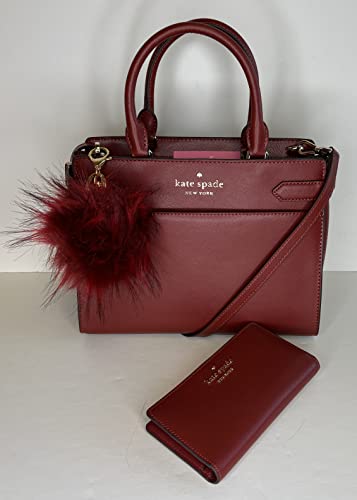 Kate Spade New York Staci MD Satchel bundled with matching Slim Bifold Wallet and Fur Pom (Red Currant)