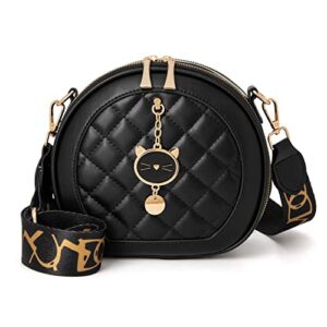 cheruty crossbody bags for women, cute cross body bag purses, quilted faux leather round purse with cat pendant (black)