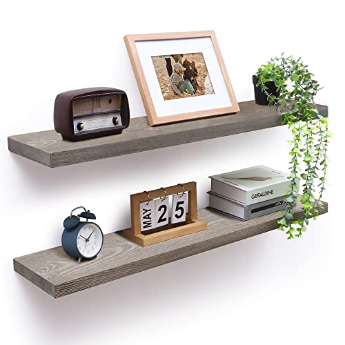 Axeman 36 Inch Floating Shelves, 8 Inch Deep Wall Shelves Set of 2, Rustic Floating Wall Shelves Wood Wall Mounted Shelves for Bathroom Kitchen Office Grey