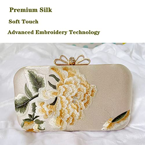 AININTON Women Embroidered Bag Silk Shoulder Bag Rectangle Handbag Champaign Gold Crossbody Bag with Pearl Chain for Wedding Party Banquet