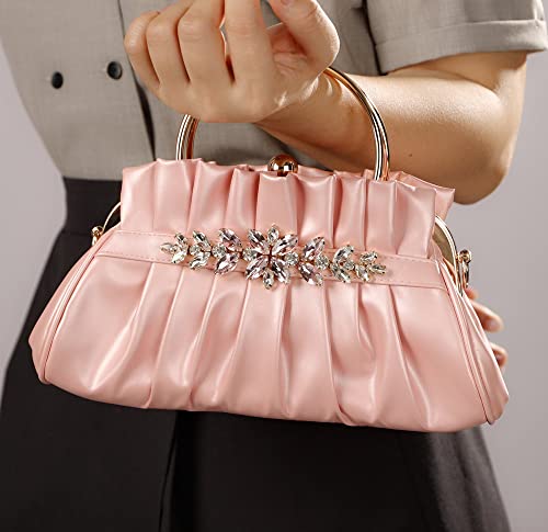 Sither Small Color Handbag Purses for Women Leather Handbag Purses with Crystal Clutch Purses Shoulder Chain Bags for Daily Party Prom Christmas Gift (pink)