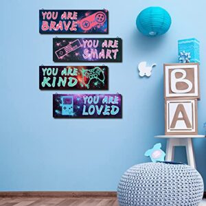 YLOLUL 4 Pieces Video Gaming Decor for Boys Room Wooden Video Game Wall Art Print 11.8 x 3 Inch Motivational Quote Gamer Hanging Plaques Wall Decor for Boys Kids Room Bedroom Playroom Decorations