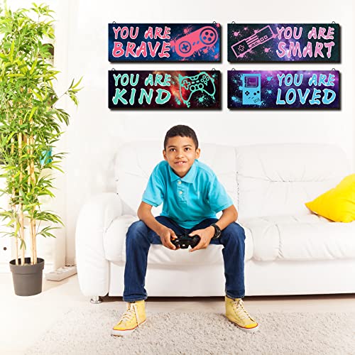 YLOLUL 4 Pieces Video Gaming Decor for Boys Room Wooden Video Game Wall Art Print 11.8 x 3 Inch Motivational Quote Gamer Hanging Plaques Wall Decor for Boys Kids Room Bedroom Playroom Decorations