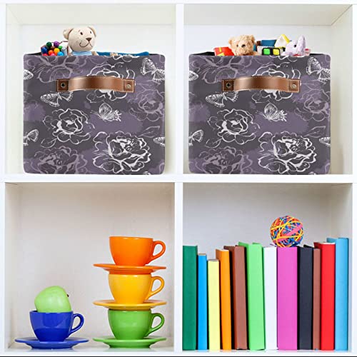 Kigai Roses Butterflies Storage Bins for Shelves, Storage Basket with Double Handle, Foldable Storage Cubes with Metal Frame, Rectangular Closet Organizer Containers for Home Bedroom