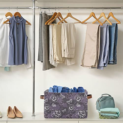 Kigai Roses Butterflies Storage Bins for Shelves, Storage Basket with Double Handle, Foldable Storage Cubes with Metal Frame, Rectangular Closet Organizer Containers for Home Bedroom