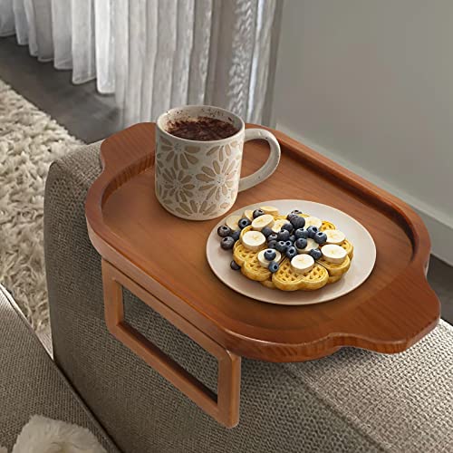 Wooden Couch Tray with Handle, Foldable Couch Arm Table, Sofa Arm Tray for Wide Couches Arm Within 10 Inches, Waterproof & Non-Slip Couch Arm Tray for Snacks Remote Control or Phone (Dark Brown)