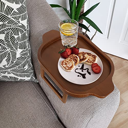 Wooden Couch Tray with Handle, Foldable Couch Arm Table, Sofa Arm Tray for Wide Couches Arm Within 10 Inches, Waterproof & Non-Slip Couch Arm Tray for Snacks Remote Control or Phone (Dark Brown)