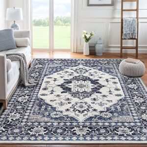 area rug living room rugs: 8×10 large machine washable boho carpet vintage medallion floral indoor non slip decor carpets for under dining table bedroom farmhouse nursery home office blue