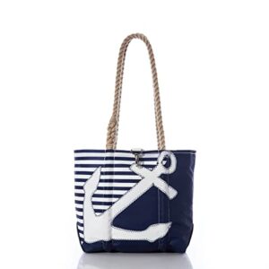 sea bags recycled sail cloth breton stripe white anchor handbag shoulder bag, small tote bag rope handles, clasp closure rope handles