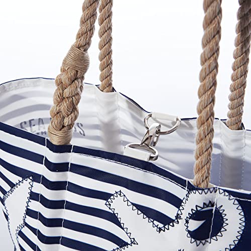 Sea Bags Recycled Sail Cloth Breton Stripe White Anchor Handbag Shoulder Bag, Small Tote Bag Rope Handles, Clasp Closure Rope Handles