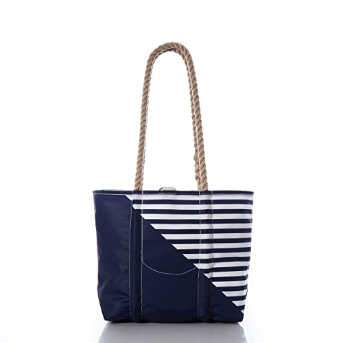 Sea Bags Recycled Sail Cloth Breton Stripe White Anchor Handbag Shoulder Bag, Small Tote Bag Rope Handles, Clasp Closure Rope Handles