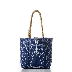 sea bags recycled sail cloth navy true north handbag shoulder bag, small tote bag rope handles, clasp closure rope handles